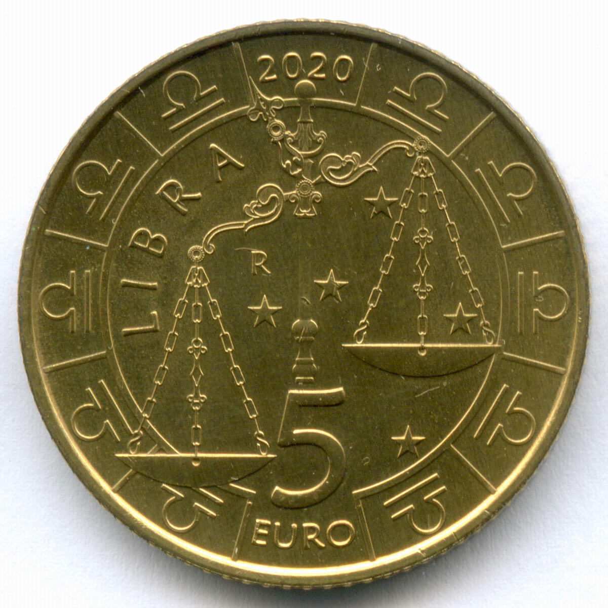 5 евро 2020 год. Сан-Марино. Знаки зодиака - Весы. Бронза UNC. Тираж 16000