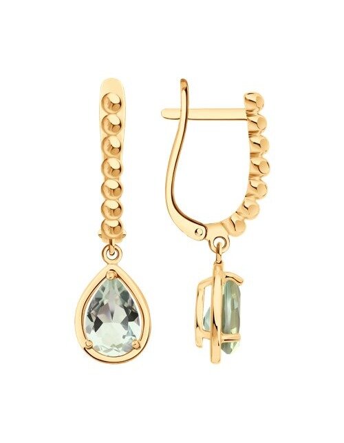 Серьги серебро, 925 проба, золочение, празиолит
