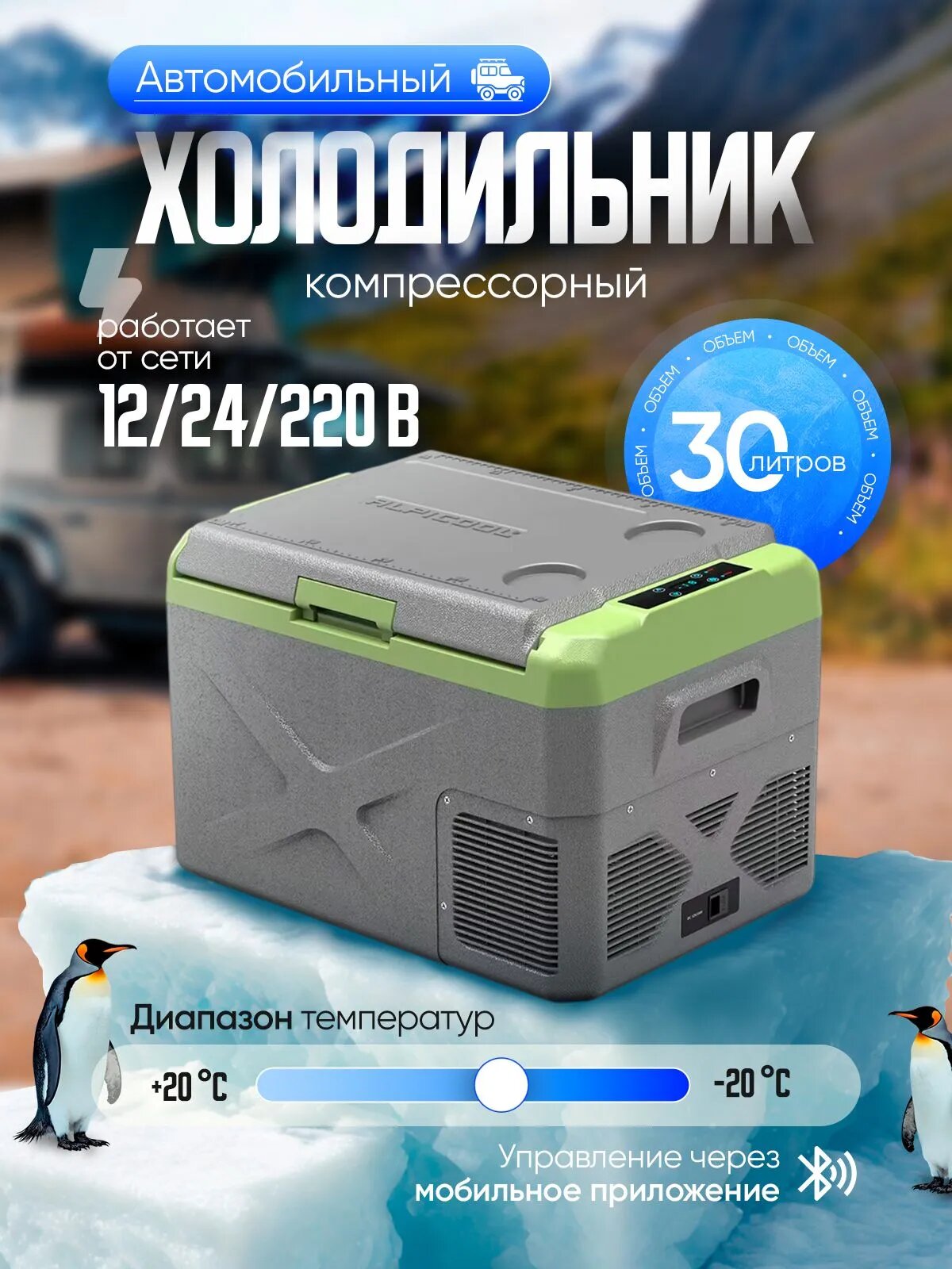 Автомобильный холодильник компрессорный 12/24/220 Alpicool X30, холодильник в машину 30 литров