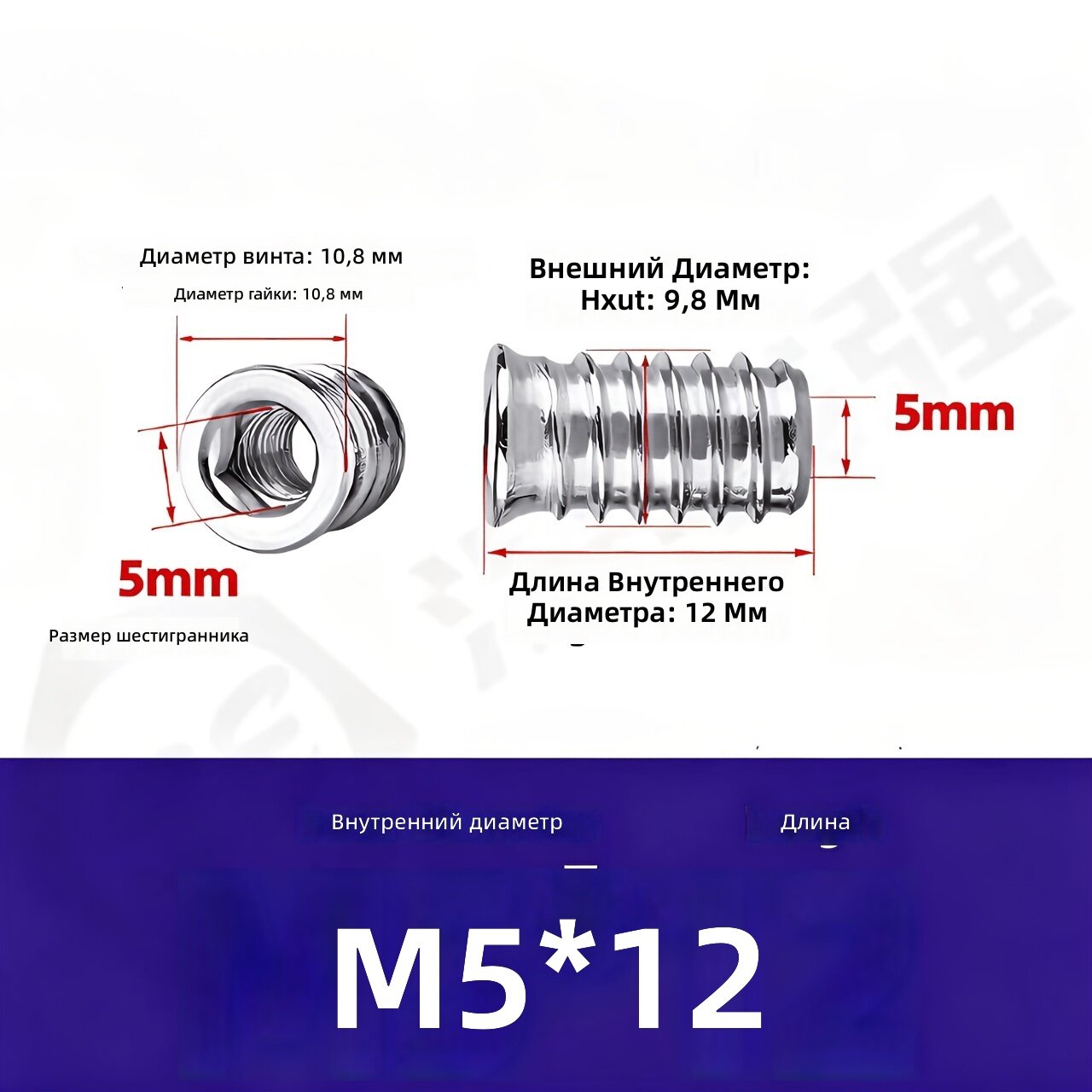 Врезная мебельная гайка с внутренним шестигранником M5x12 из углеродистой стали