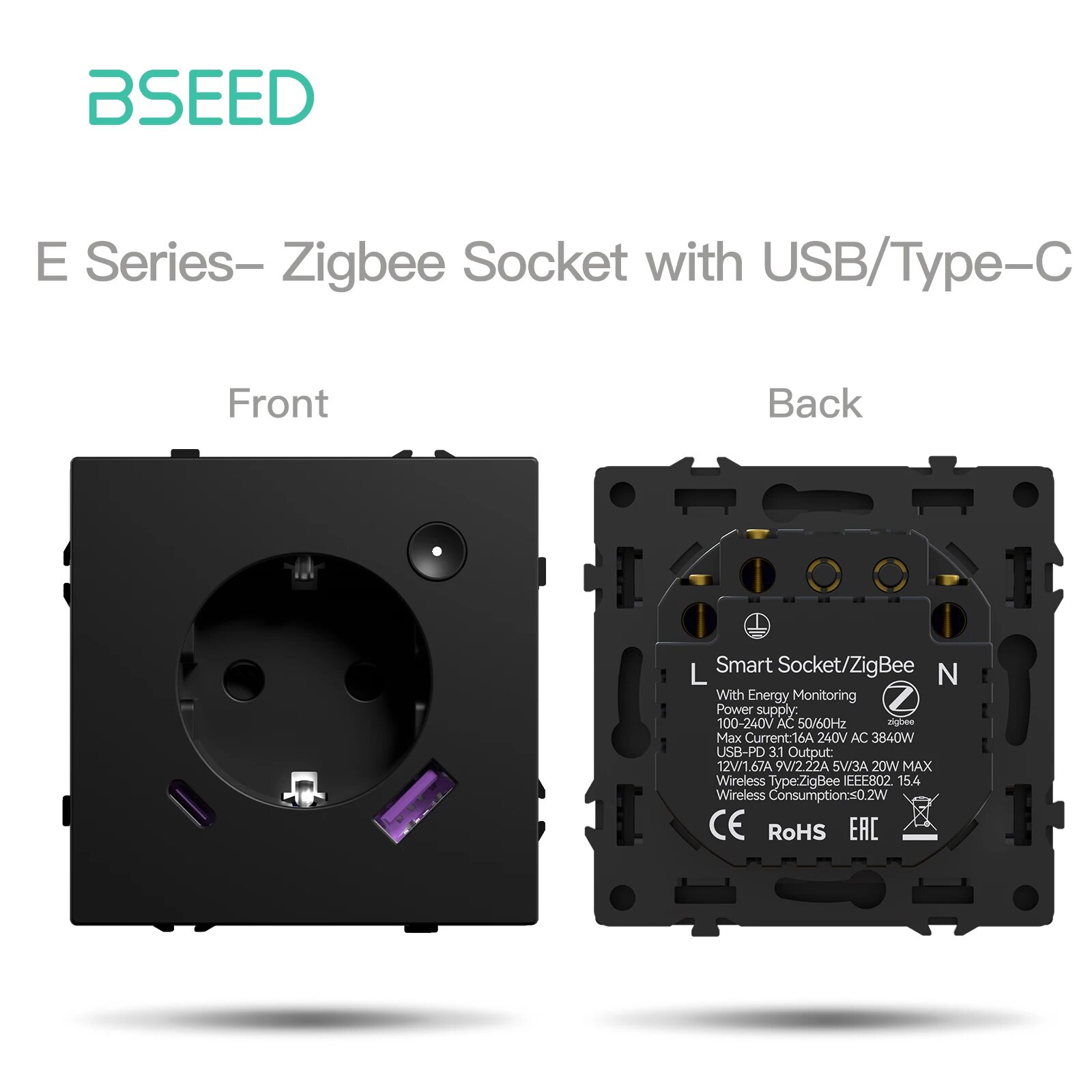 BSEED Zigbee кнопочный выключатель 1/2/3/4 клавишного модуля Zigbee 20W Type-C