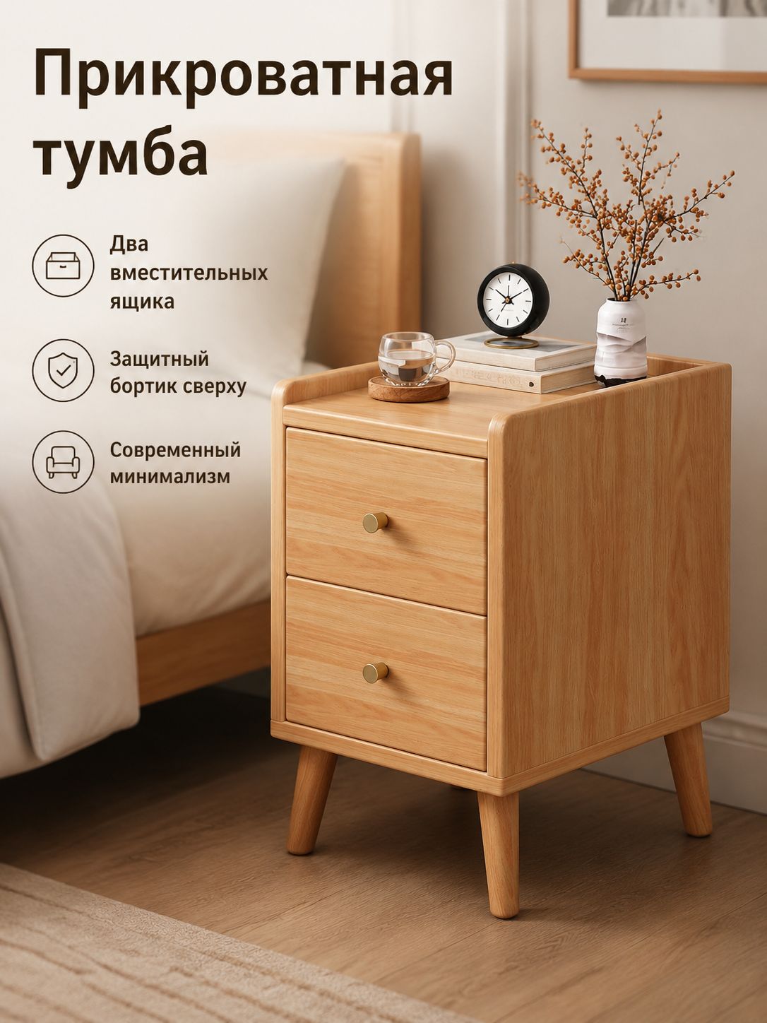 Прикроватная тумба в современном стиле, с двумя выдвижными ящиками, глубокая, 30 см, серебристый дуб
