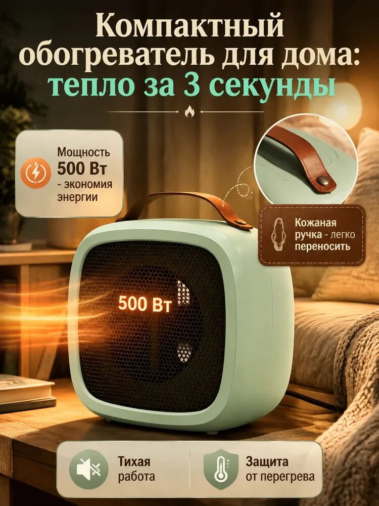 Обогреватель масляный для дома и дачи, белый настольный-электрический радиатор, для комнаты для офиса и рабочего стола компактный энергосберегающий бесшумный мини обогреватель с ручкой, Зелёный.