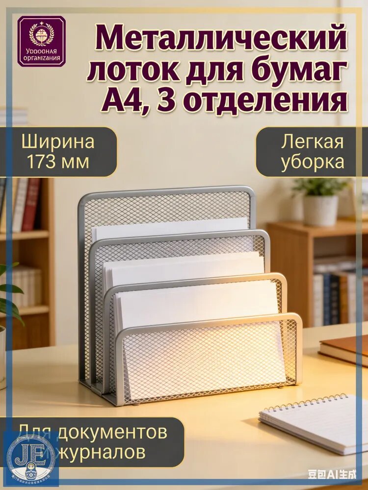 Лоток для бумаг вертикальный металлический А4, 3 отделения, серебристый сетчатый органайзер для документов и папок на стол