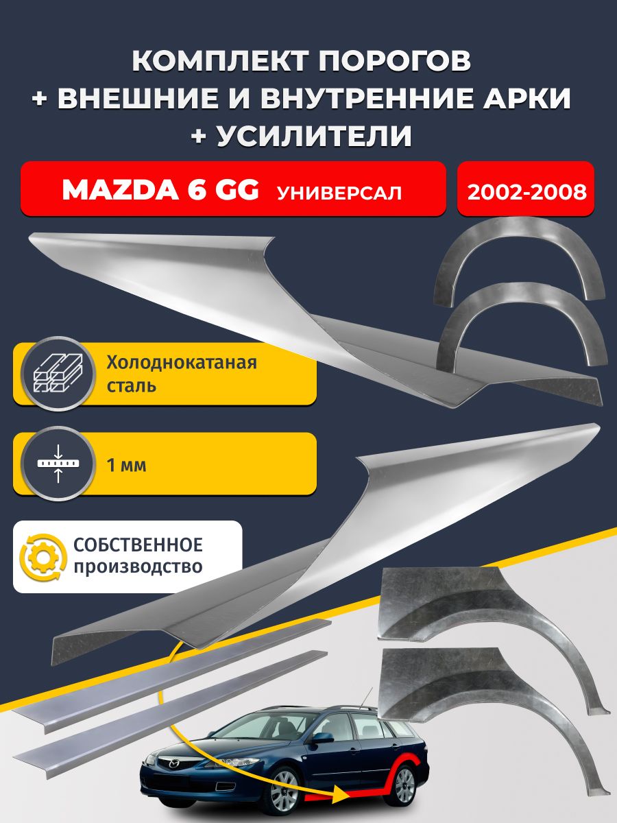 Комплект ремонтных задних внешних и внутренних арок (0,8 мм) + комплект порогов + усилители, на Mazda 6 GG 2002-2008 универсал (Мазда 6 ГГ) Холоднокатаная сталь 1 мм