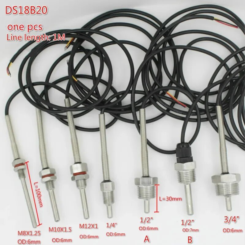 Цифровой термодатчик DS18B20 с резьбой 1/2", 1/4", 3/4", M10X1.5, M12X1, 1м кабель M10X1.5, L50mm