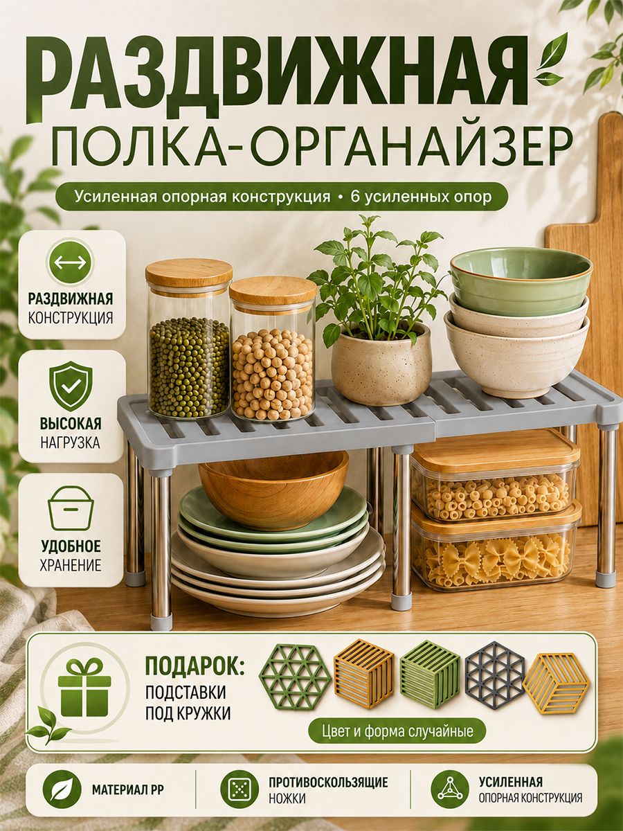 Полки Выдвижной для кухни 35x18x15.5 см, органайзер для в шкаф и на стол, полка настольная для специй и посуды полки, подставка для кружек, полочки под горячее в подарок