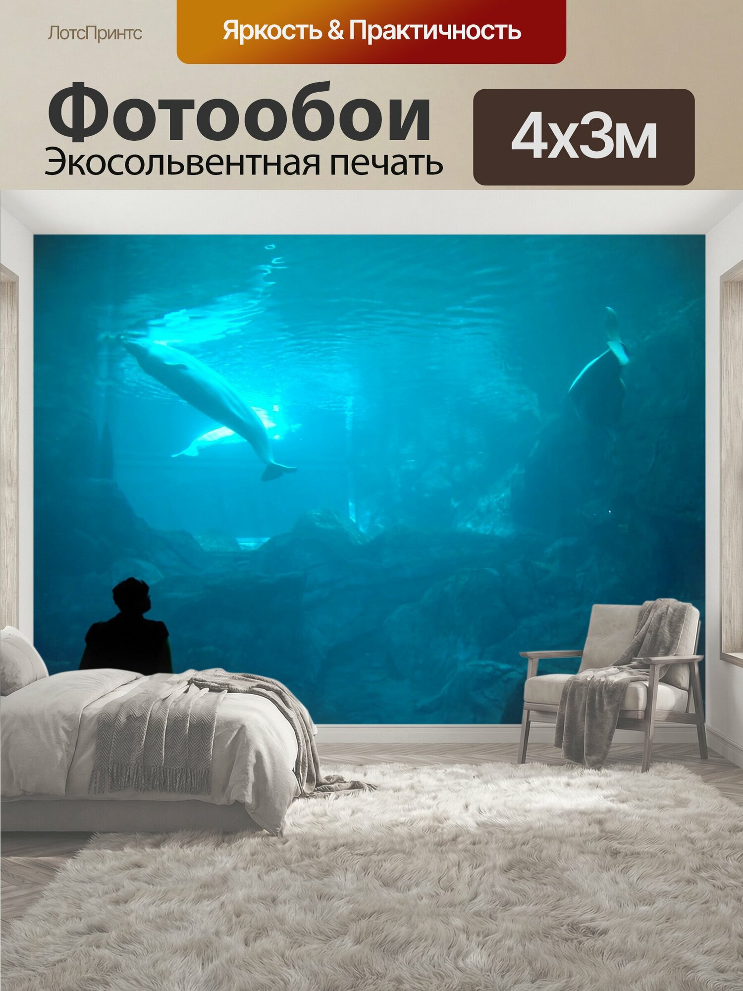 Фотообои "Человек наблюдая Дельфин Человек силуэт наблюдения дельфинов в аквариуме аквариум человек люди наблюдая дельфин рыба природа." 400x300 см. экосольвентная печать