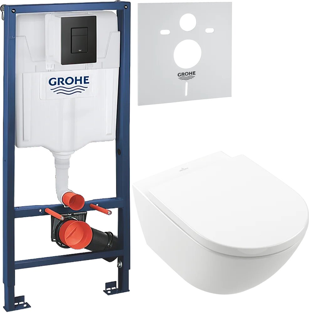 Комплект 3 в 1 Унитаз подвесной Villeroy & Boch Subway 3.0 4670TS01 / Инсталляция с кнопкой Grohe Solido 38811KF0 цвет черный / Звукоизоляция 37131000