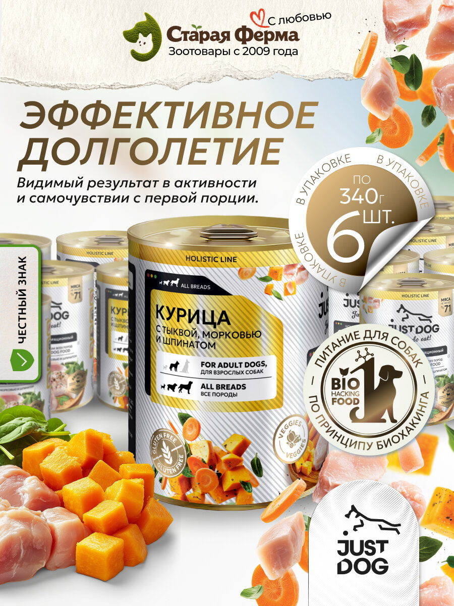 Влажный корм для собак Just Dog Holistic, с курицей, тыквой, морковью и шпинатом 340 г х 6 шт. (консервы)