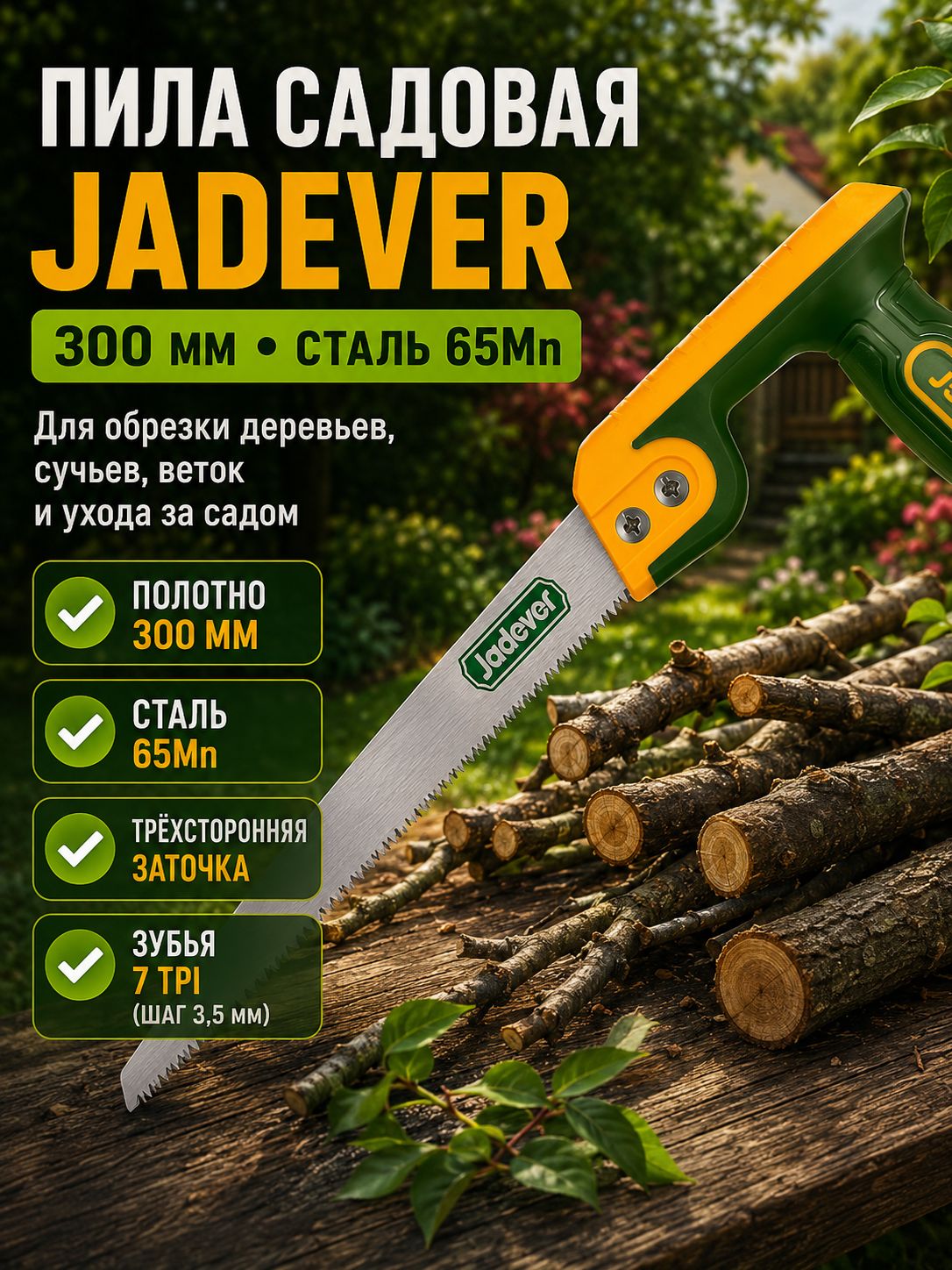 Пила садовая JADEVER 300 мм для обрезки деревьев и кустарников, ножовка по дереву, 7 TPI (шаг 3,5 мм), сталь 65Mn, прямая, быстрая резка, ручная пила для сада JDHW6G12