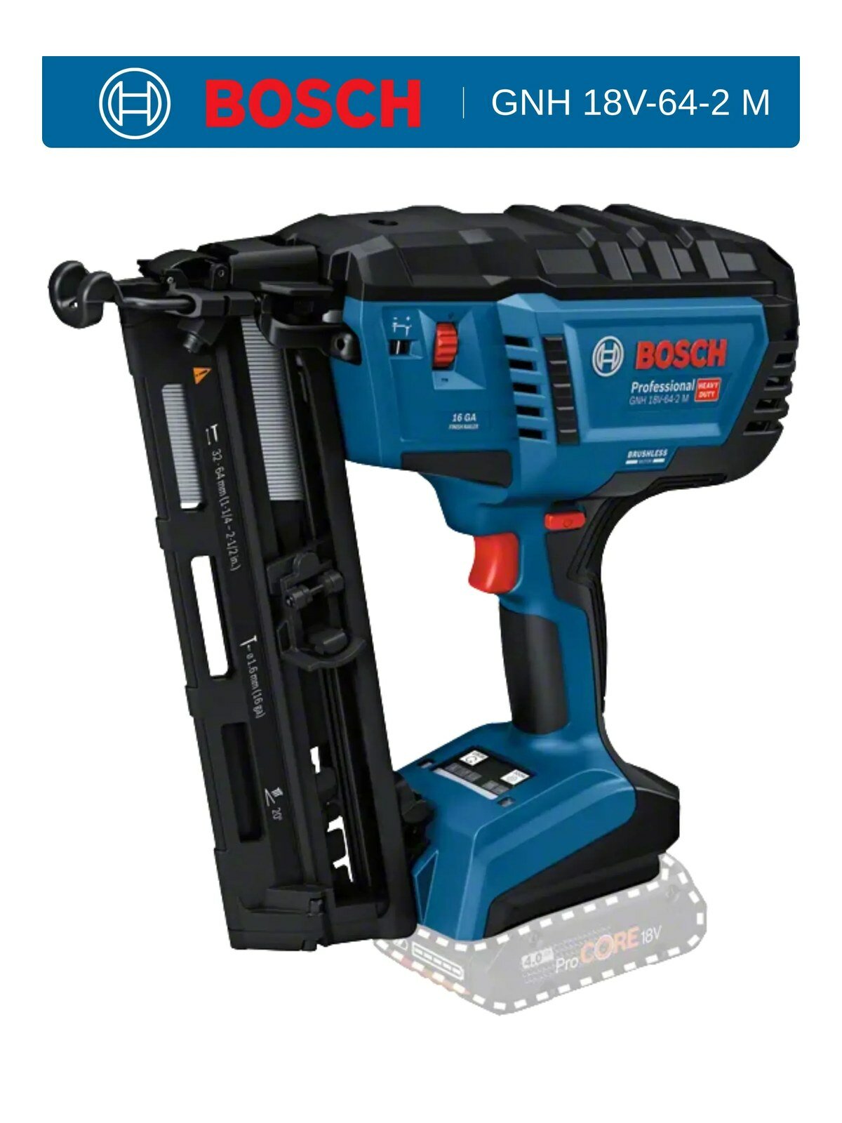Аккумуляторный гвоздезабиватель Bosch Professional GNH 18V-64-2 M, длина гвоздей 3264 мм, без компрессора и газа, бесщёточный двигатель, без АКБ и ЗУ, арт. 0601482000