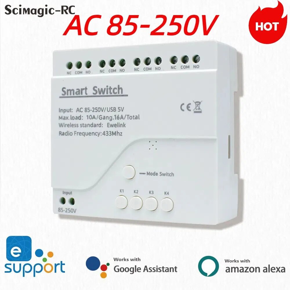EWeLink 4-канальный Wi-Fi модуль для умного дома (7-32V DC / 85-250V AC, 10A), совместим с Alexa и Google Home