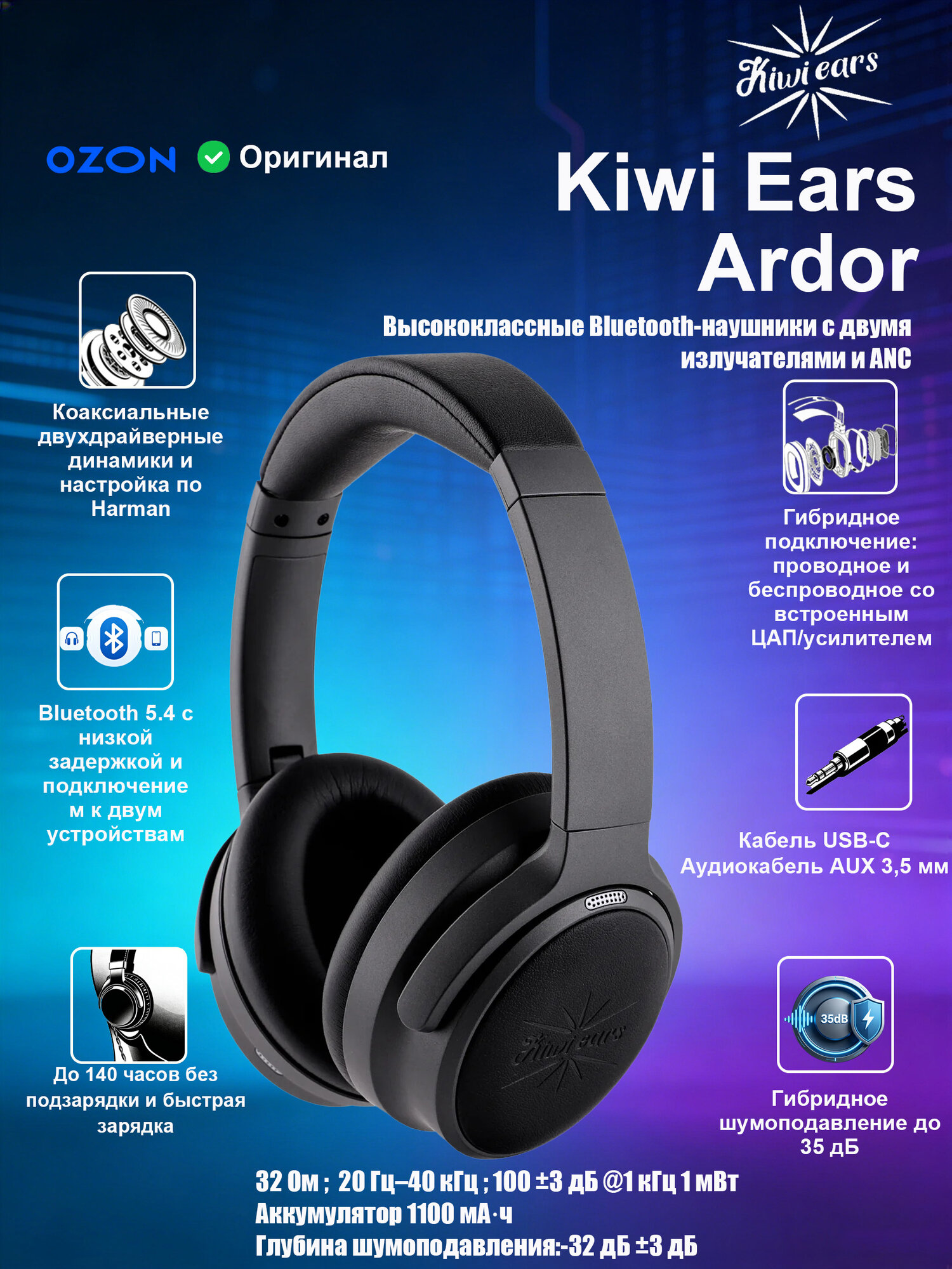 Kiwi Ears Наушники беспроводные Kiwi Ears Ardor, Bluetooth, USB Type-C, черный, черный матовый
