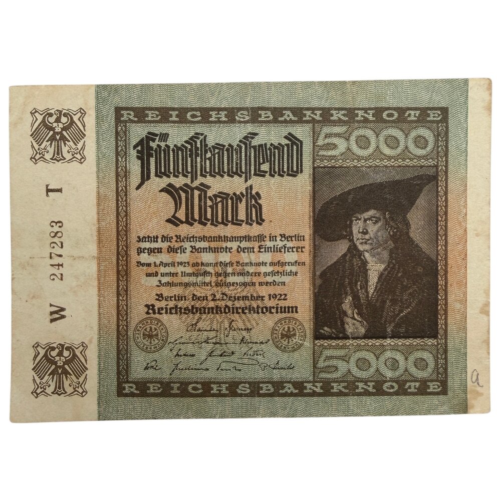 Веймарская республика (Германия) 5000 марок 1922 г. (02.12) (ВЗ - Звёзды G&D) (Серия W T)