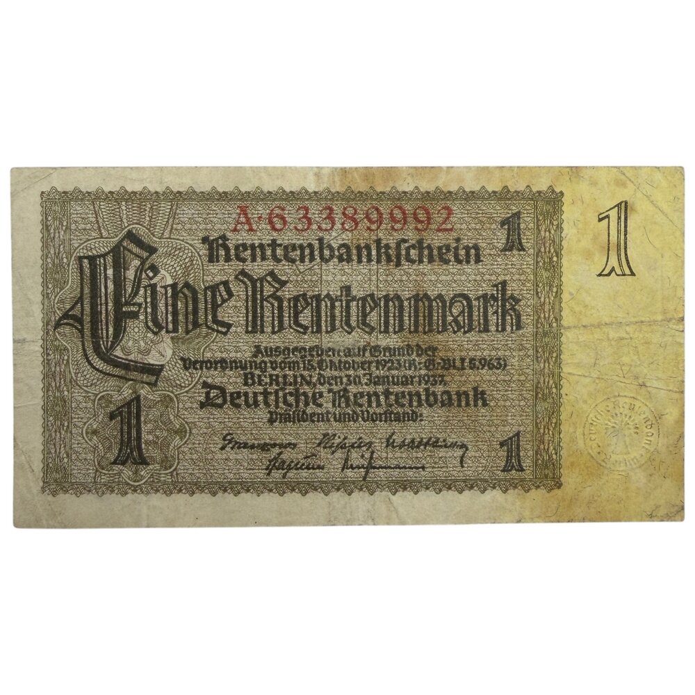 Третий Рейх (Германия) 1 рентенмарка (марка) 1937 г. (Серия A) (8-значный номер)