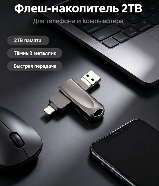 Флешка 2ТБ для iPhone Lightning USB3.0, металлическая поворотная флеш-накопитель, внешняя память для телефона