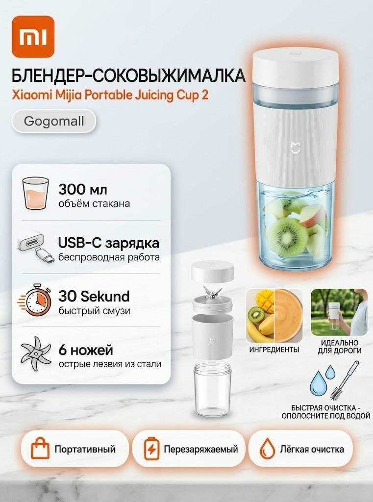 Портативный блендер Xiaomi Mijia, белый цвет, Portable Juicer Cup 2