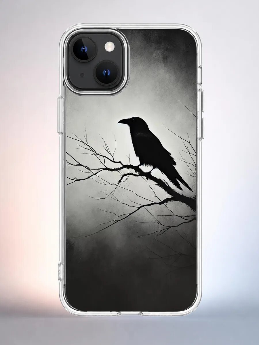 Чехол iPhone 13 ворон на ветке силиконовый