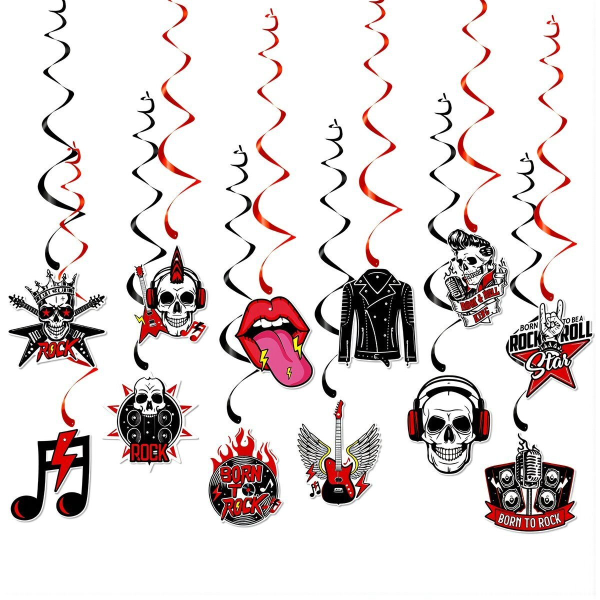 Декор для рок вечеринки набор растяжка Born to Rock спирали подвесные 12 карточек 12 спиралей крючки в комплекте для украшения дня рождения музыкального события дома, Комплект (12 карточек + 12 одиноч