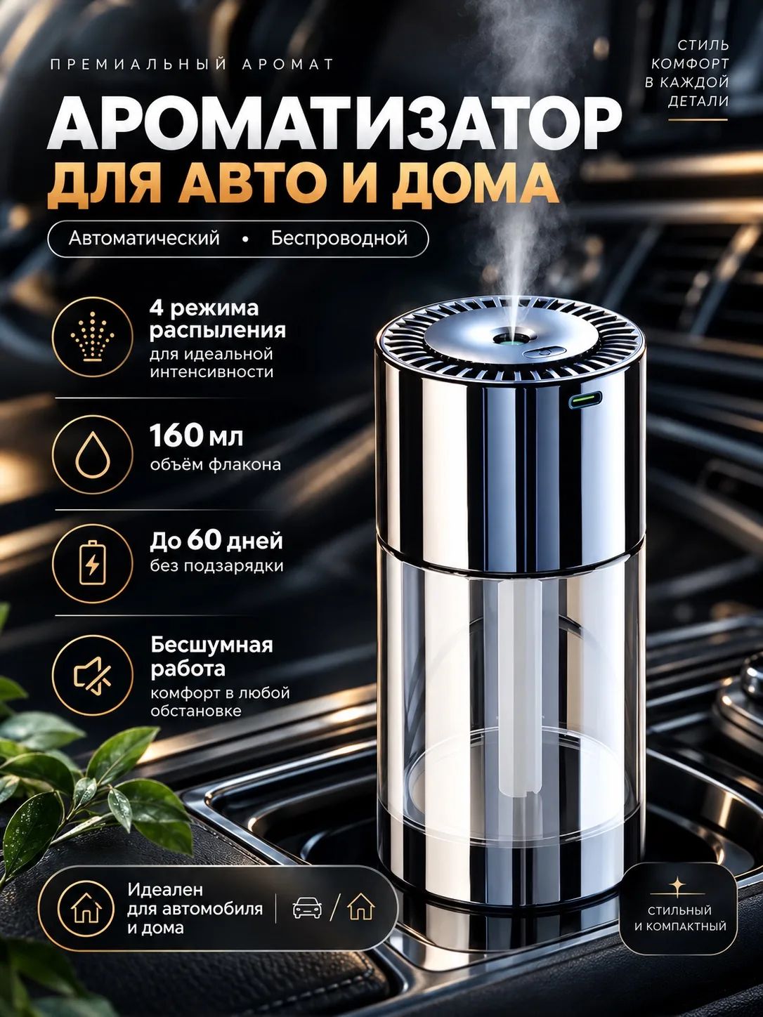 Ароматизатор для автомобиля и дома автоматический 160мл Одеколон беспроводной