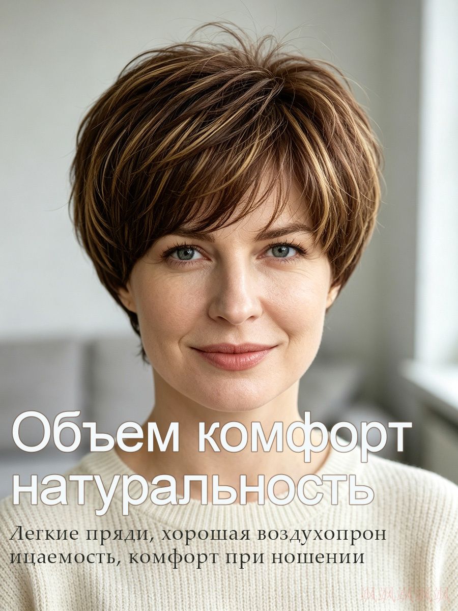 Женский короткий парик золотисто-коричневый с мелированием из искусственных волос натуральный объем и стильная укладка