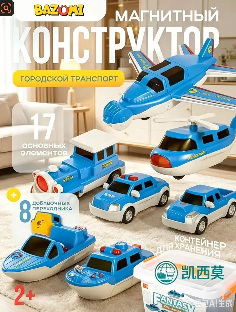 Конструктор магнитный Городской транспорт для малышей в контейнере (14 элементов) BAZUMI