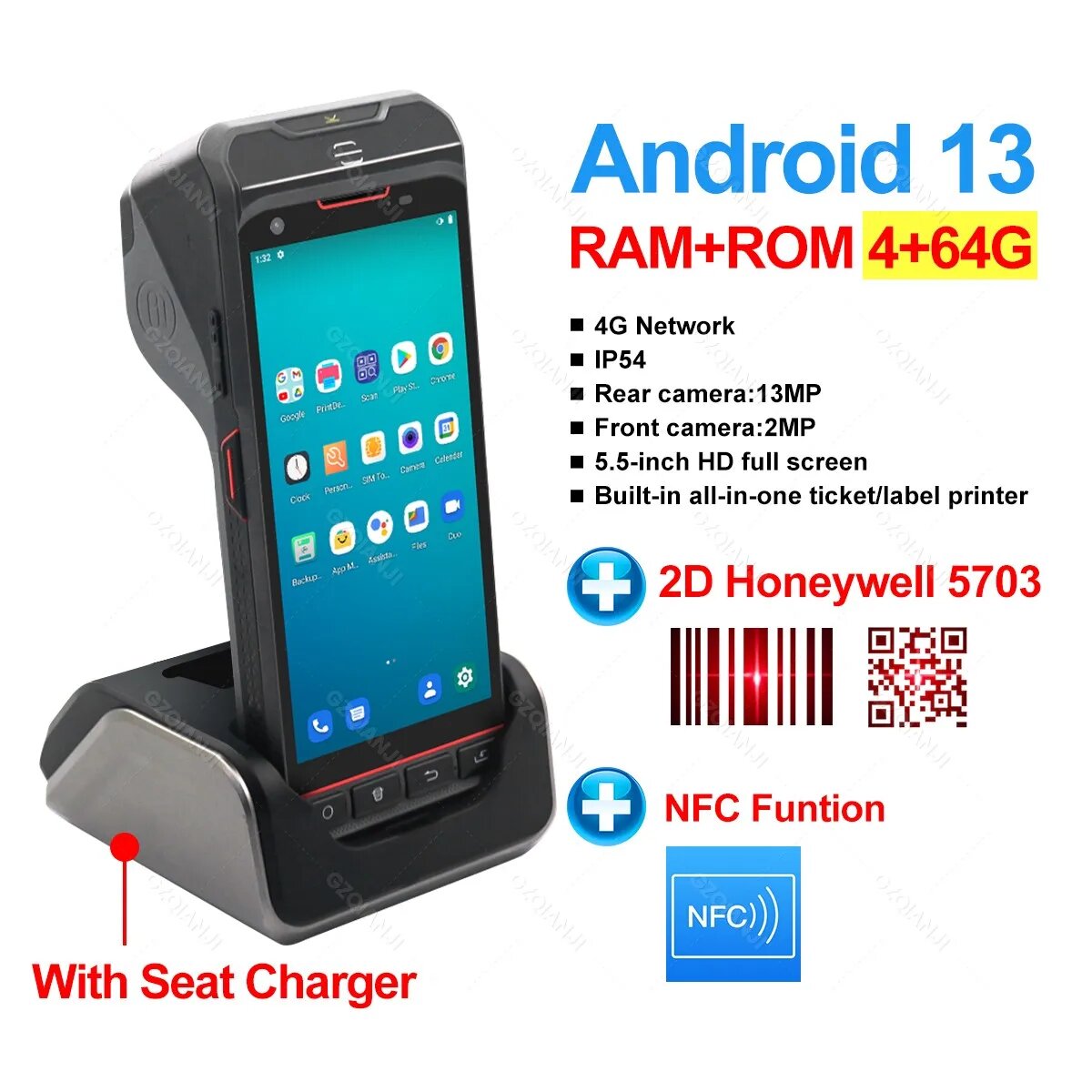 KMZONE Портативный терминал Android 13 со сканером Honeywell Красный, 2D Honey NFC Charger, EU