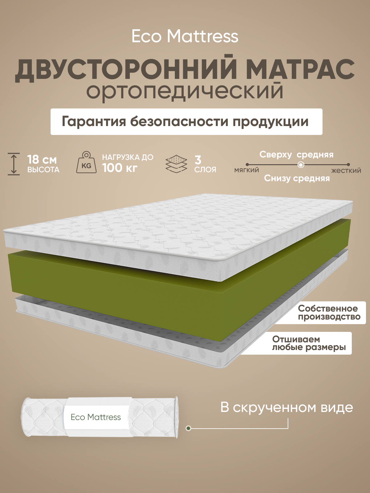 Беспружинный матрас Eco Mattress Soft 17Sk 140х180 см полуторный ортопедический, высокоэластичная пена, в рулоне