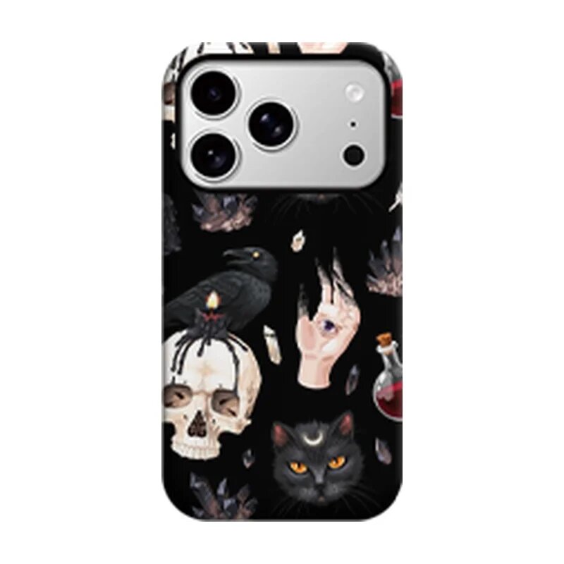 Чехол для телефона с готическим черепом и черной кошкой на iPhone 15 Pro Max, Glossy Mag 2-in-1