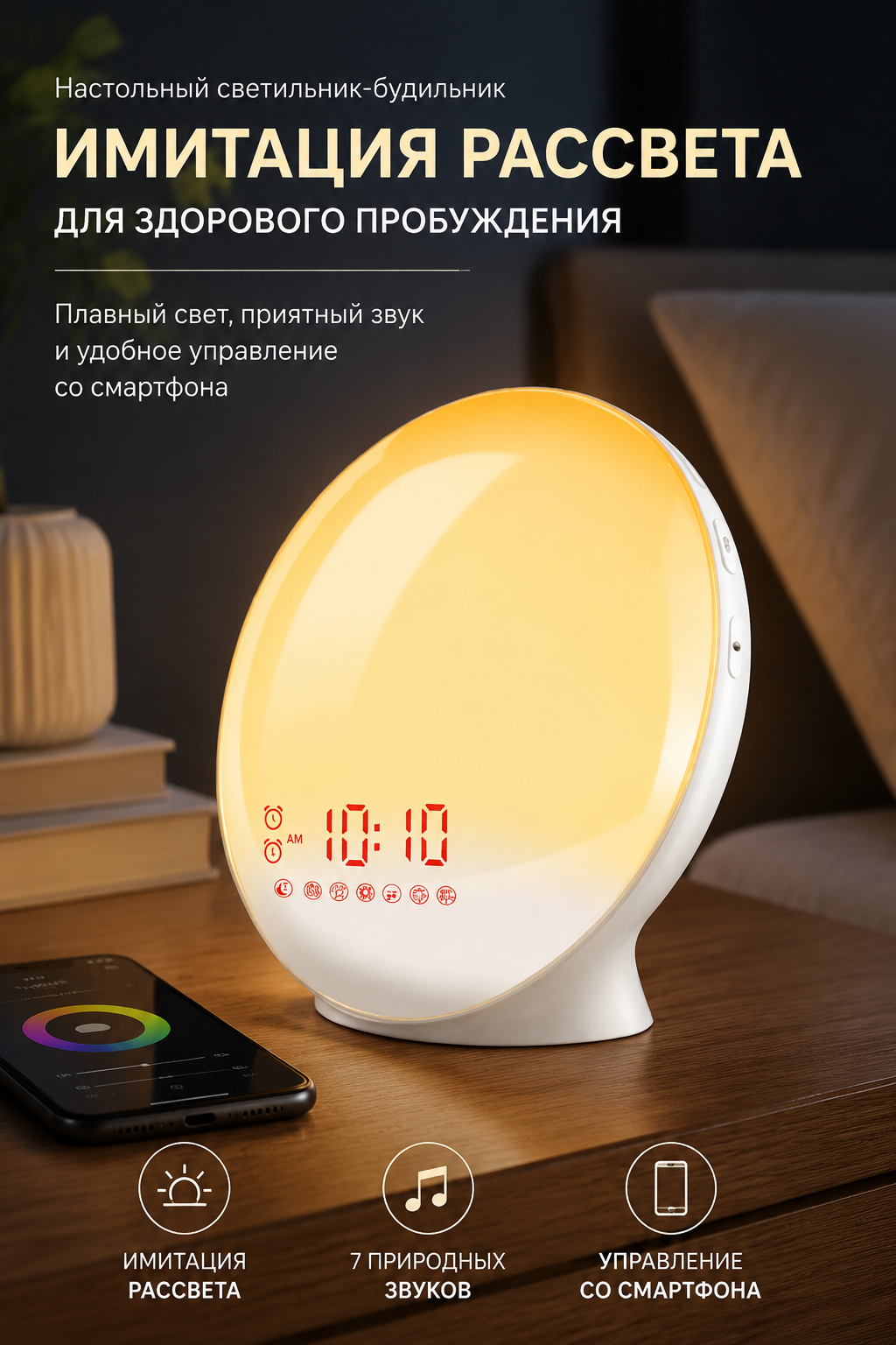 Светильник-будильник настольный с имитацией рассвета и заката, RGB-подсветкой и управлением со смартфона