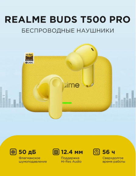 Наушники REALME Buds T500 Pro, беспроводные, внутриканальные, Bluetooth 6.1, 40000 Гц, шумоподавление, Желтые