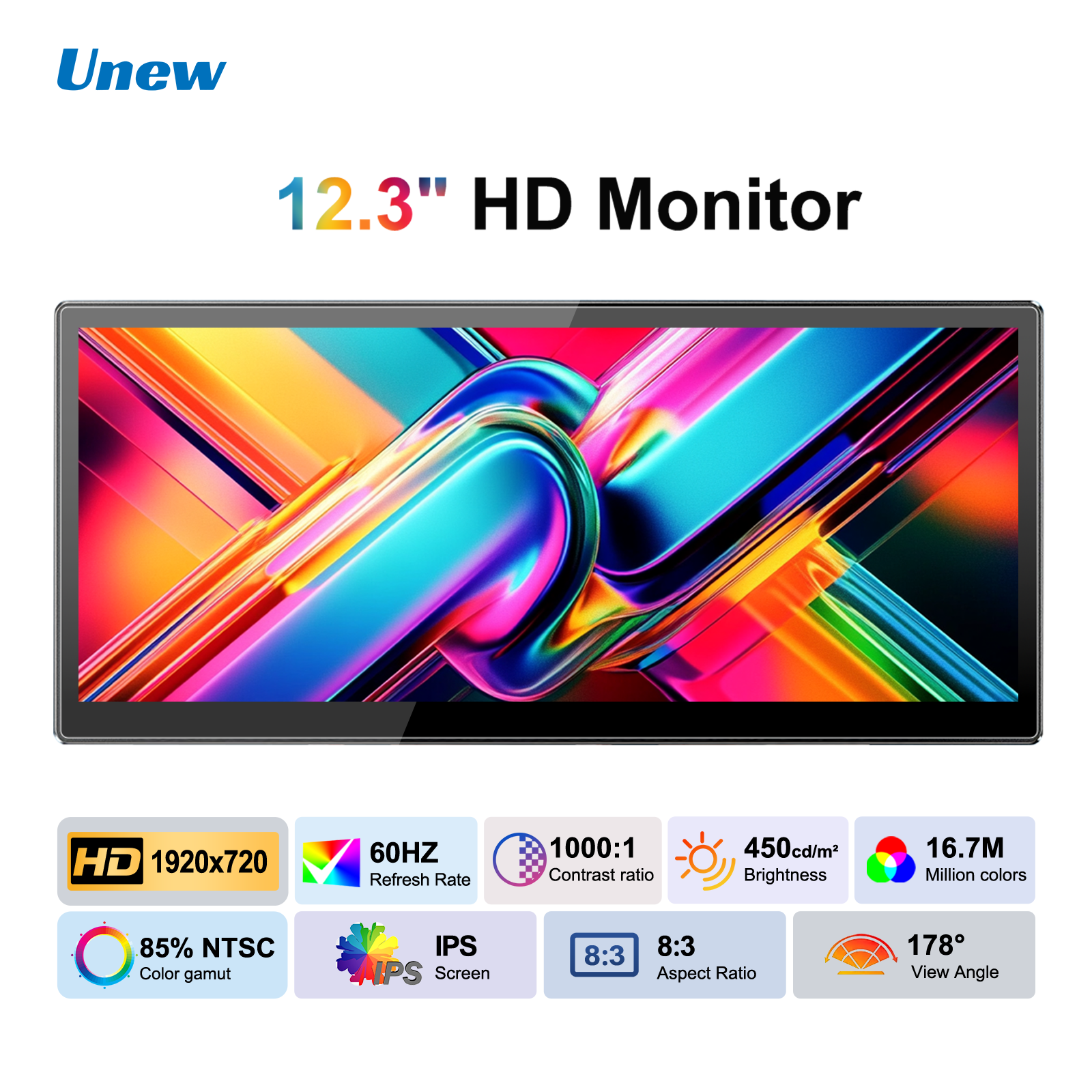Ортативный монитор 12.3" IPS 1920×720, Mini HDMI, Type-C, динамики, VESA