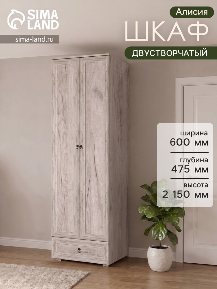 Шкаф двухстворчатый Алисия, 600х475х2150, Дуб крафт серый 10996918