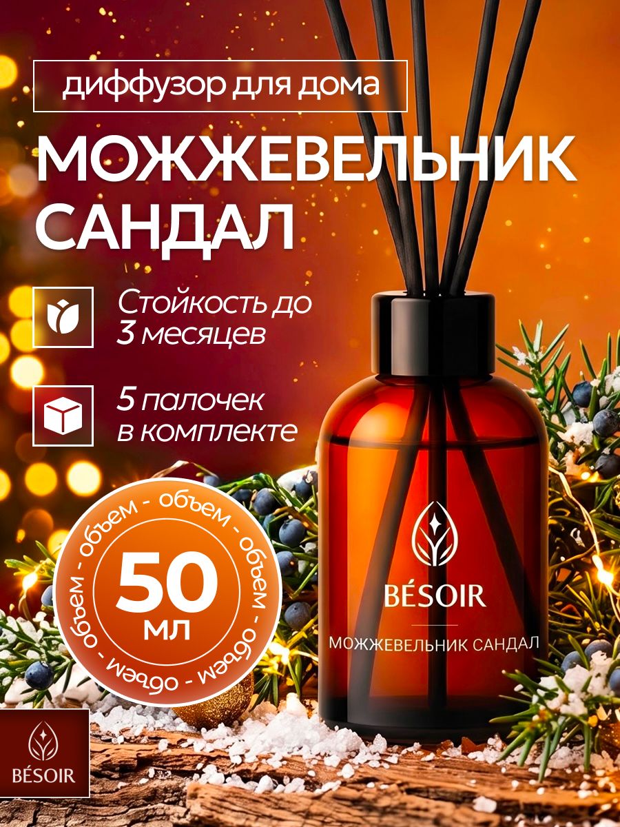 Диффузор для дома с палочками BESOIR Можжевельник и сандал 50 мл, подарочный набор