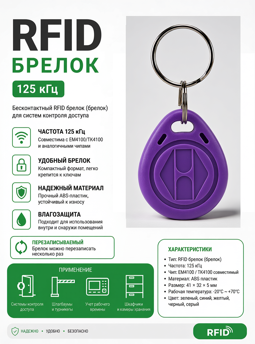 3шт. Фиолетовый. Ключ для домофона RFID Em-micro T5577 (EM-Marin) 125 кГц перезаписываемый для домофона
