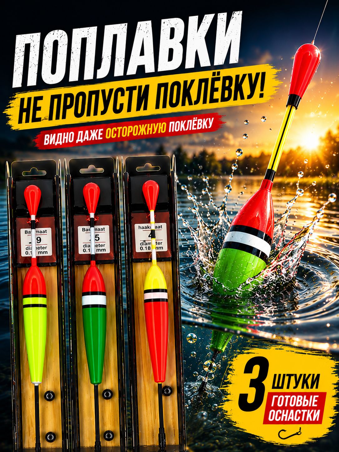 Поплавки для рыбалки 1-2 г набор 3 шт, чувствительные для удочки, для стоячей воды, полиуретановые