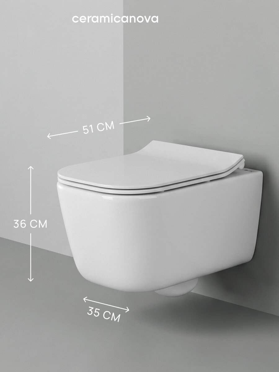 Унитаз подвесной Ceramicanova Новый день (New day) CN3005, безободковый, сиденье с микролифтом, белый — фото 1