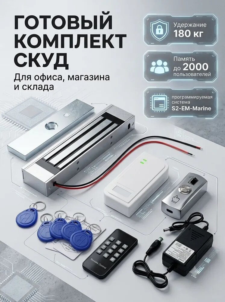 Электромагнитный замок 180 кг с ключами Em-Marine, с кнопкой выхода. Комплект СКУД