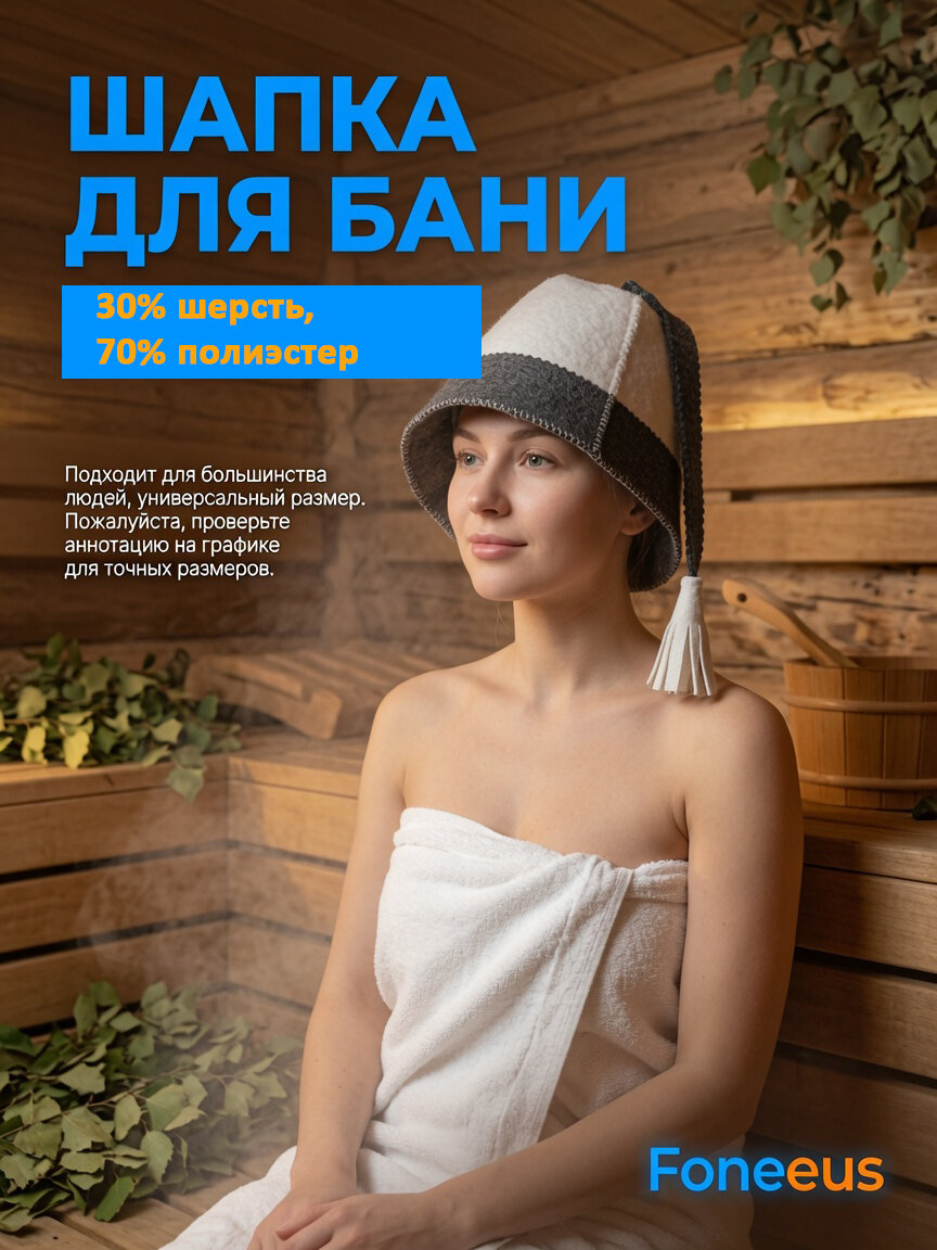 Шапка для бани и сауны Foneeus: классическая банная шапочка, женская и мужская. Защита от перегрева в парной, универсальный подарок! HSC-00027-03