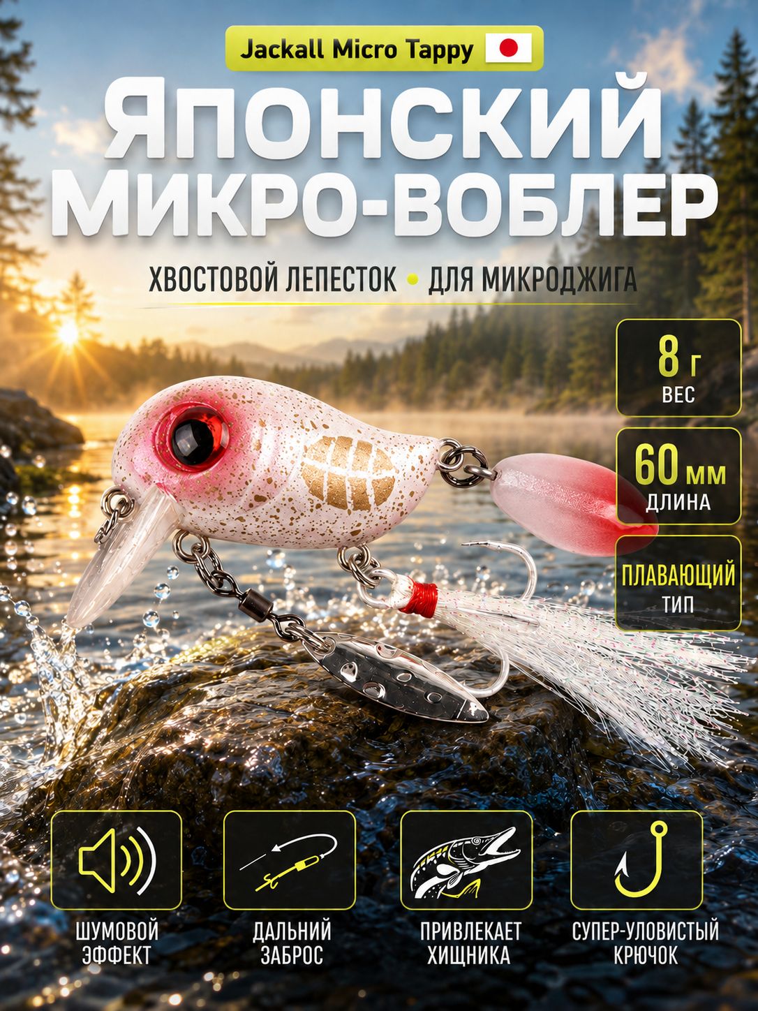 8 грамм! Воблер с тейлспиннером плавающий крэнк для рыбалки по игре Jackall Micro Tappy