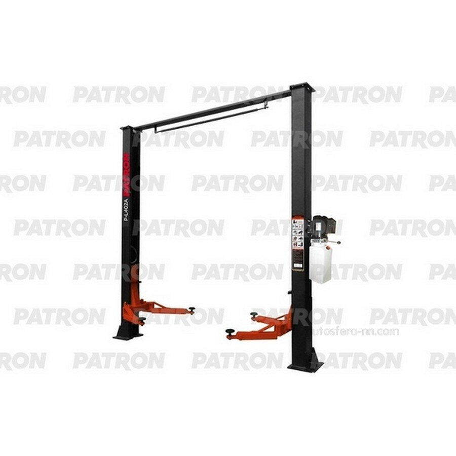 PATRON PL402A Подъемник электрогидравлический 2-х стоечный, 380 В, г/п - 4.0 т, max подъем - 1875 мм, проезд - 2576 мм, лапы: 705-1045, 828-1228 мм, верхняя синхр.