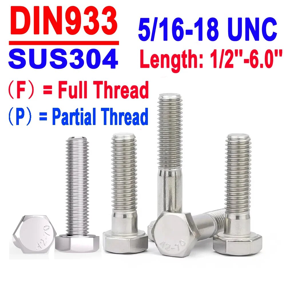 Винты с шестигранной головкой UNC 5/16-18 DIN933 нержавеющая сталь SUS304 1.0inch(F)x10Pcs