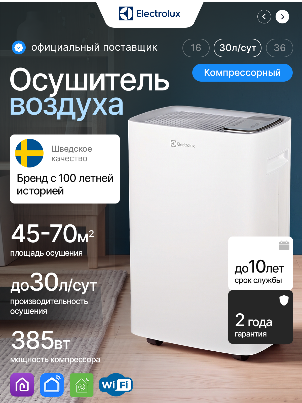 Осушитель воздуха Electrolux EDS-30 до 45-70м. кв, до 30 л. сут для квартиры дома подвала ванной гаража бассейна погреба