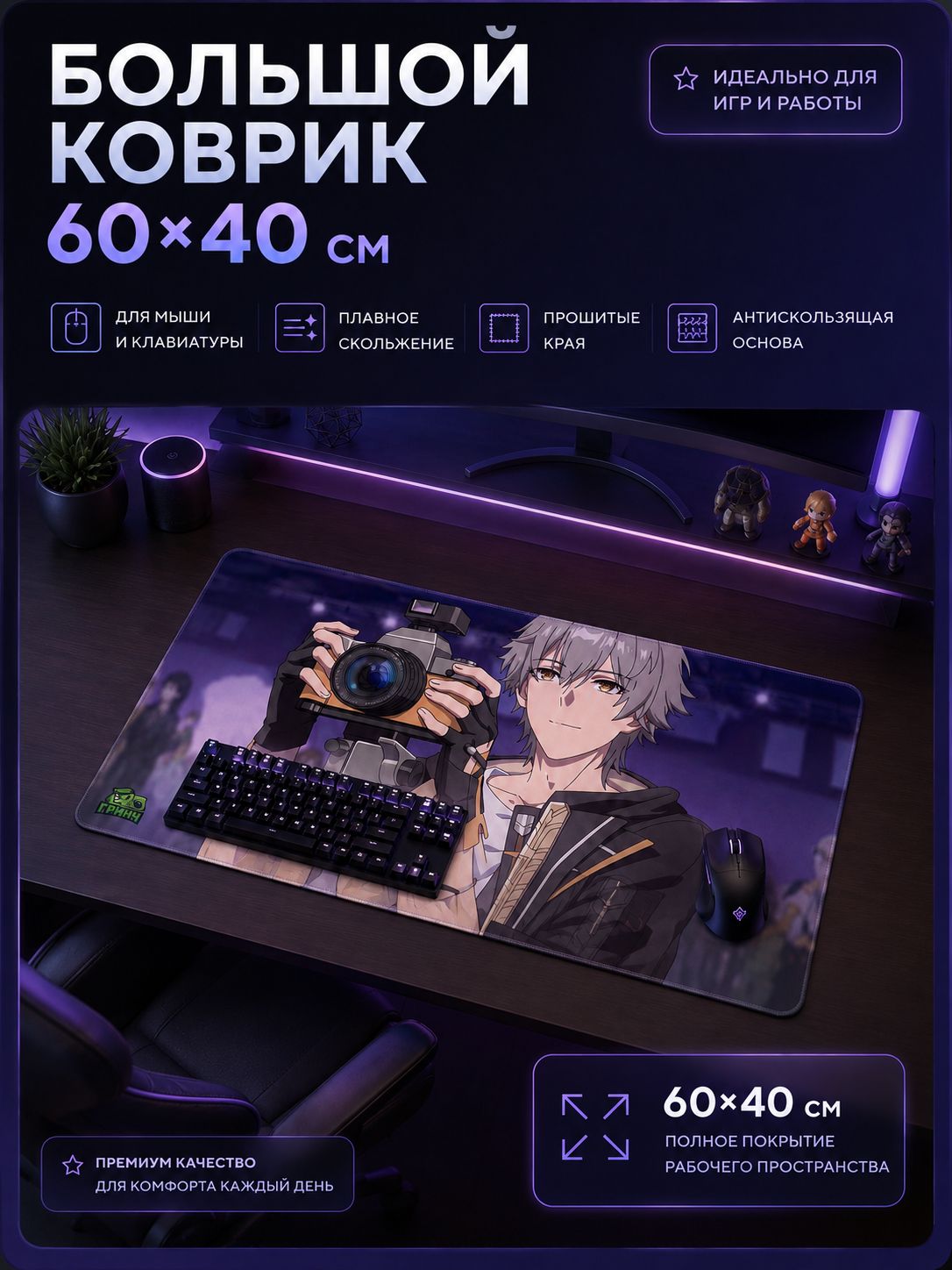 Игровой коврик для мыши и клавиатуры Гринч 60 40 см, Desk Mat 3 мм, жаккардовый, антискользящая каучуковая основа, прошитые края, аниме-принт с фотографом