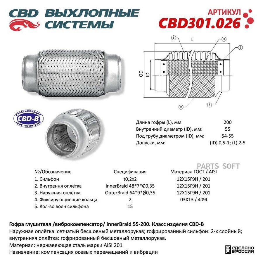 Гофра глушителя 55 x 200 3х-слойная Innerbraid CBD301026 CBD CBD301026 | цена за 1 шт