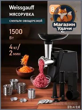 Мясорубка Мощность 1500 Вт, Производительность до 2 кг/мин, Функция реверса, Пресс для котлет, Блок овощерезки, Двойная защита от перегрева