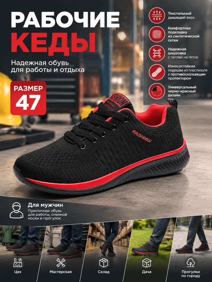 Кеды рабочие мужские черные с красной отделкой на шнурках, текстиль, дышащие, размер 47