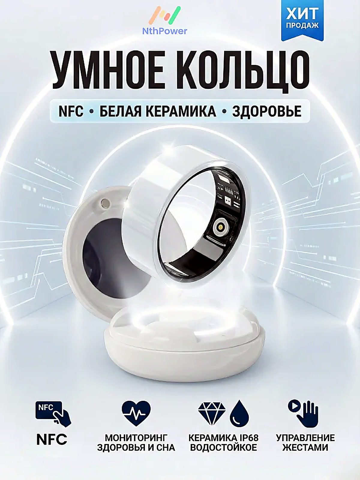 Премиальное керамическое NFC-кольцо с мониторингом здоровья 24/7, поддержкой доступа