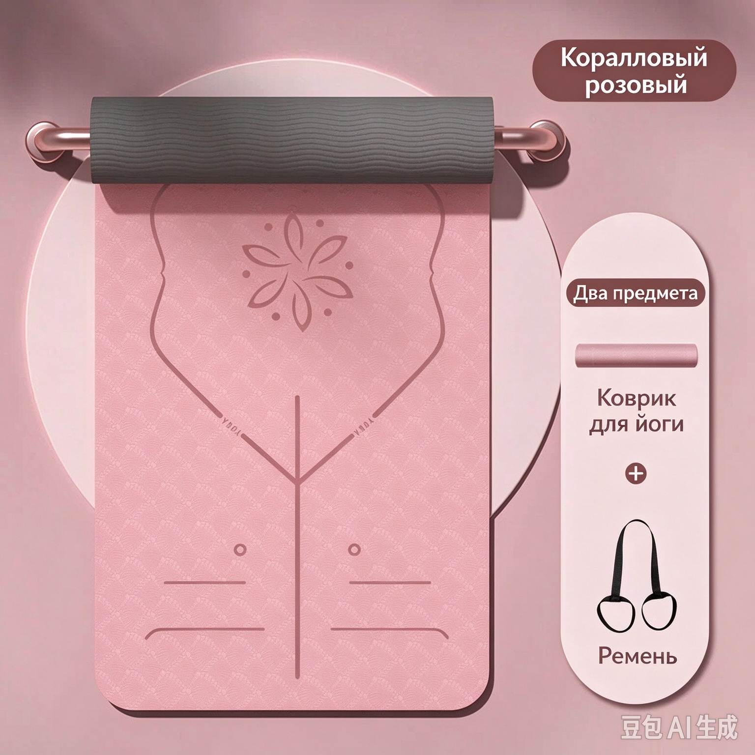 Коврик для йоги и фитнеса ASANKA с ремешком, TPE, нескользящий, двусторонний, 185×61 см,